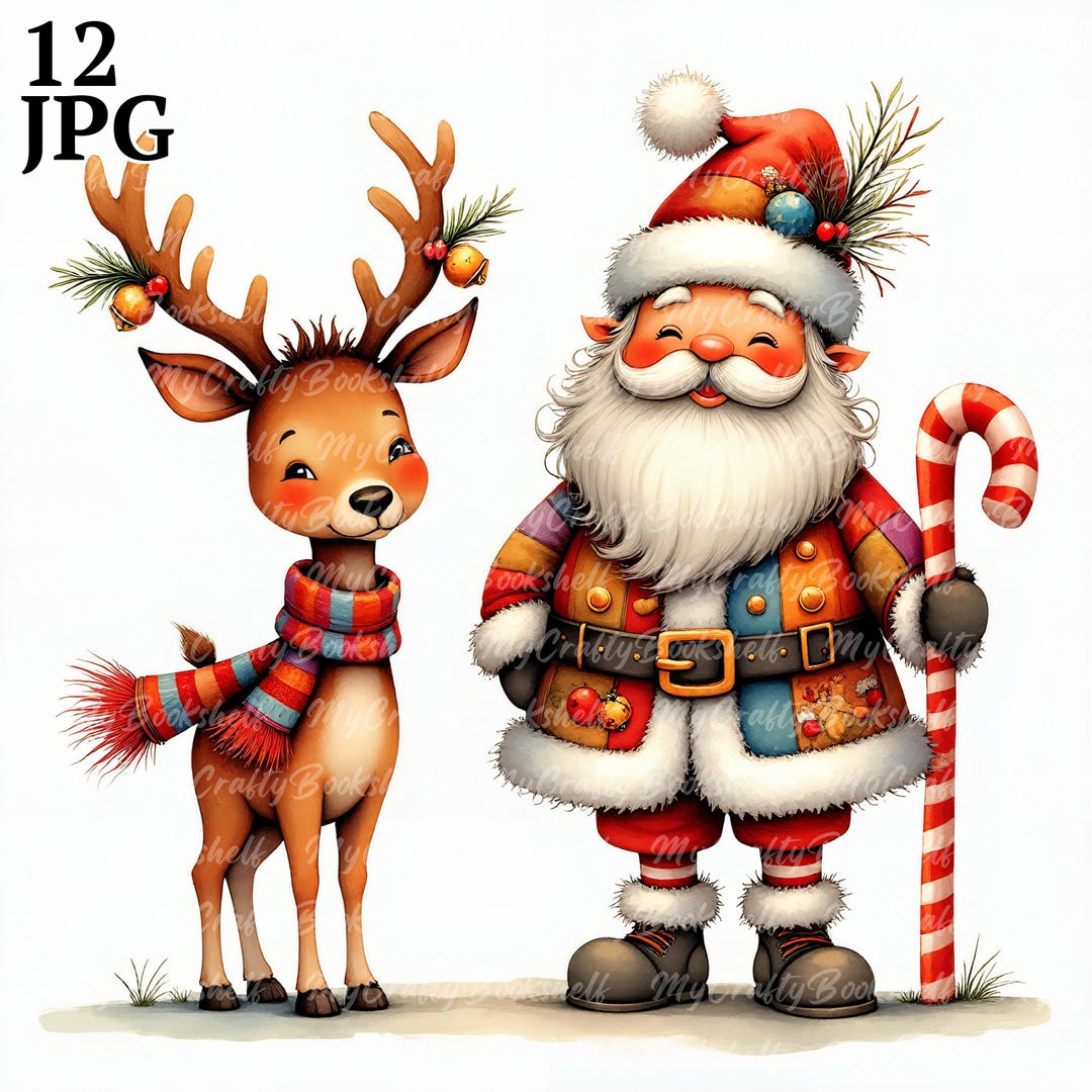 Watercolor Santa & Reindeer Clipart: Christmas Pngs (digital Download ...