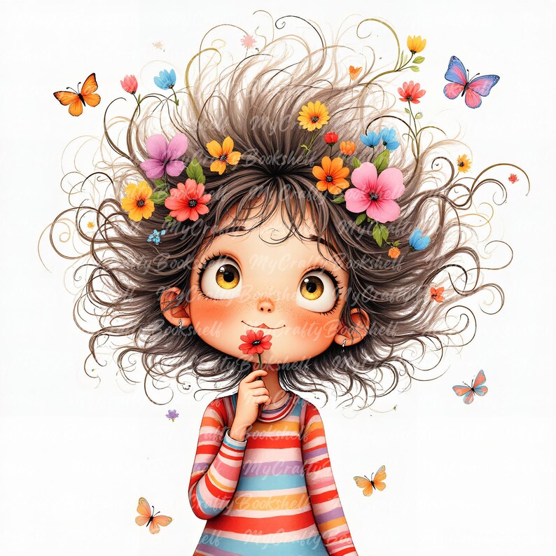 Whimsical Girl With Flowers Clipart: High-res Watercolor PNG (digital ...
