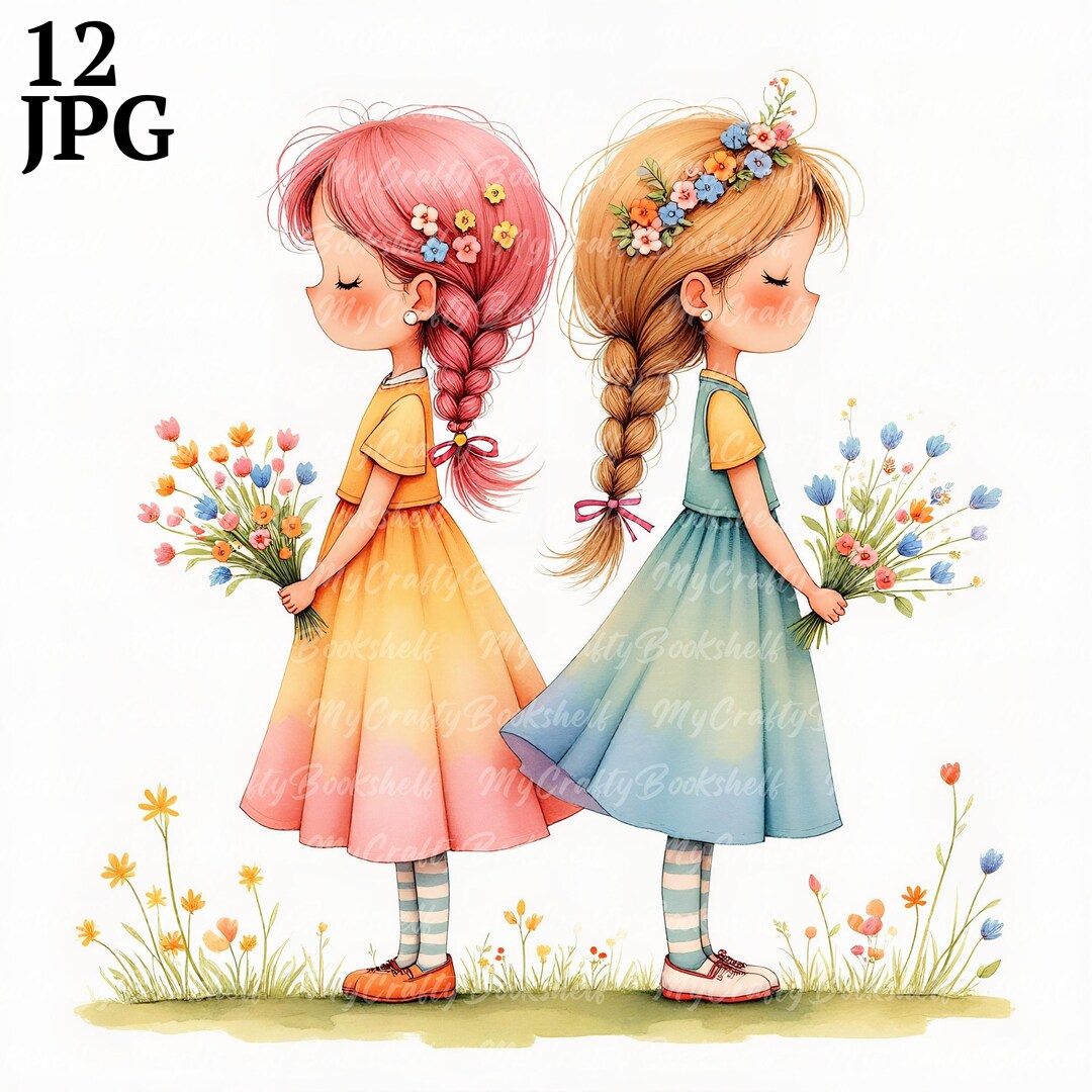 12 Best Friends Little Girls Clip Art Kit High Res Watercolor Jpgs for ...