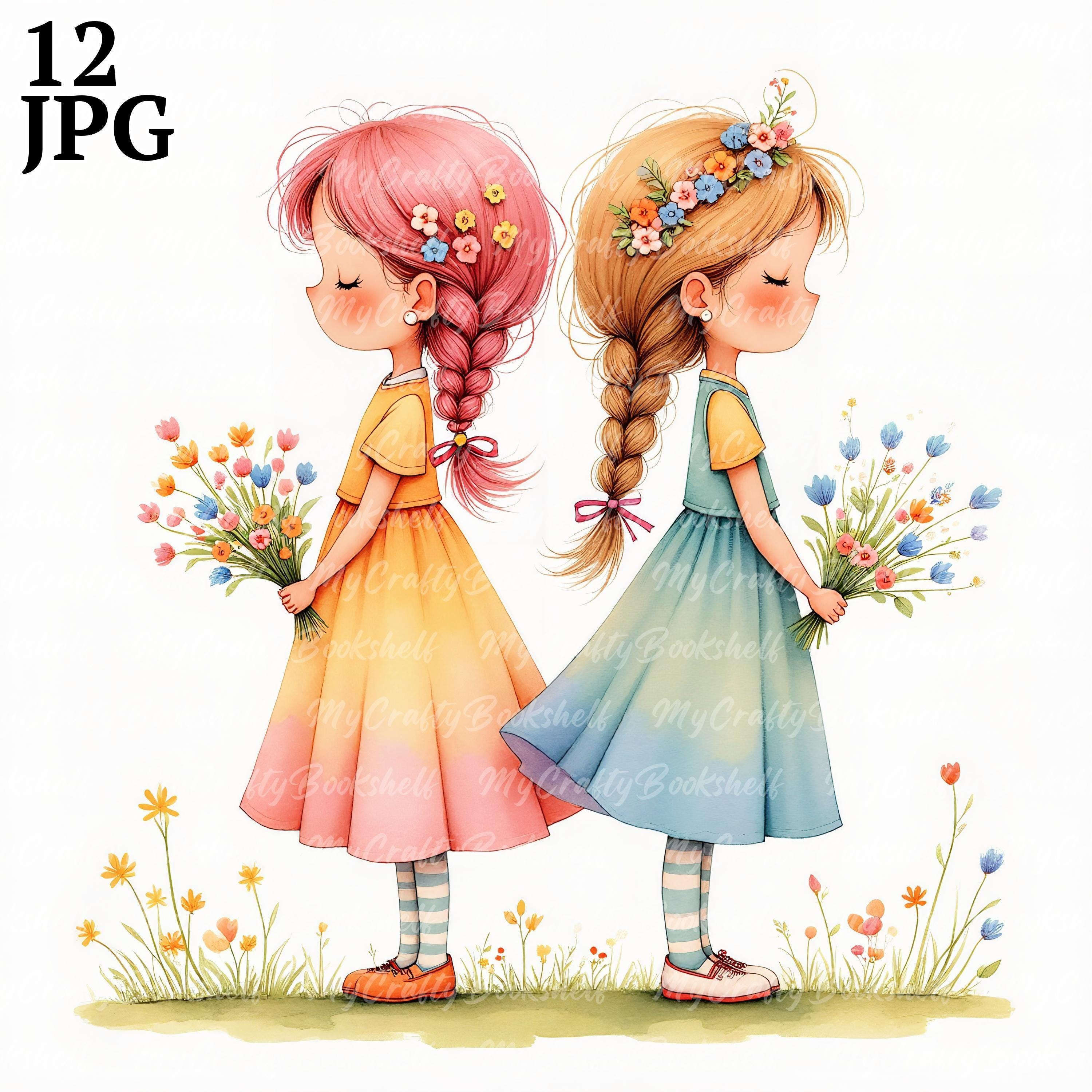 12 Best Friends Little Girls Clip Art Kit High Res Watercolor Jpgs for ...