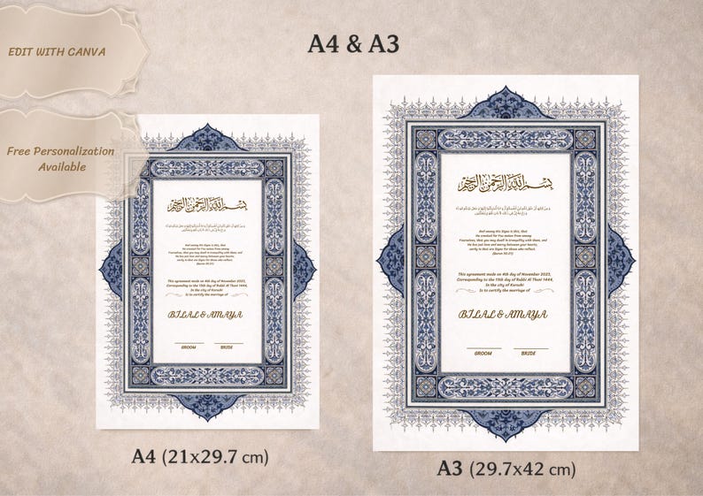 Editable Nikkah Certificate Template, Blue Islamic Marriage Certificate ...