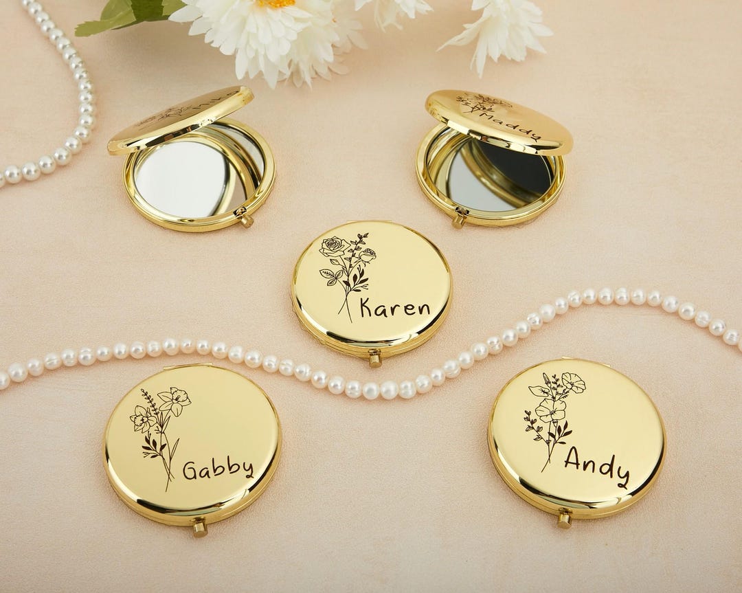 Personalized Name Compact Mirror With Birth Flower,custom Pocket Makeup Mirror Wedding Gift,hen ...