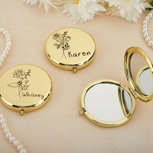 Personalized Name Compact Mirror With Birth Flower,custom Pocket Makeup ...