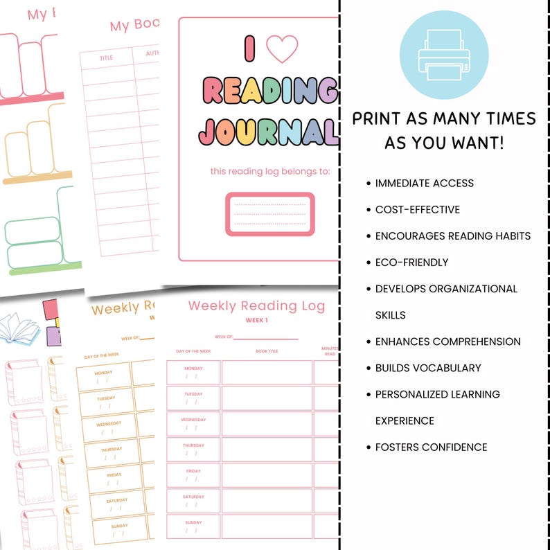 Kids Reading Journal Printable Tracker Bookmarks Set Preschool Book ...