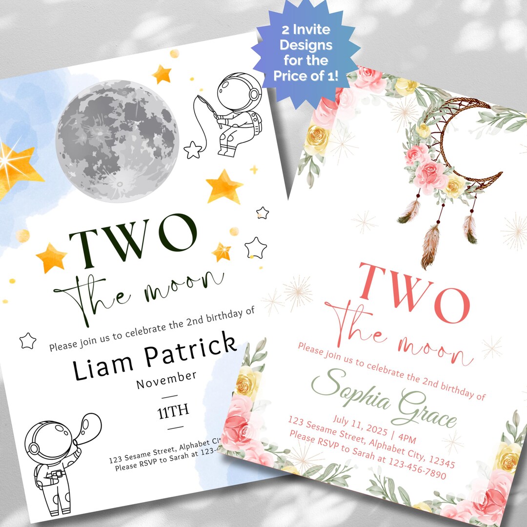Two the Moon Birthday Invitation Template Editable Second Birthday ...