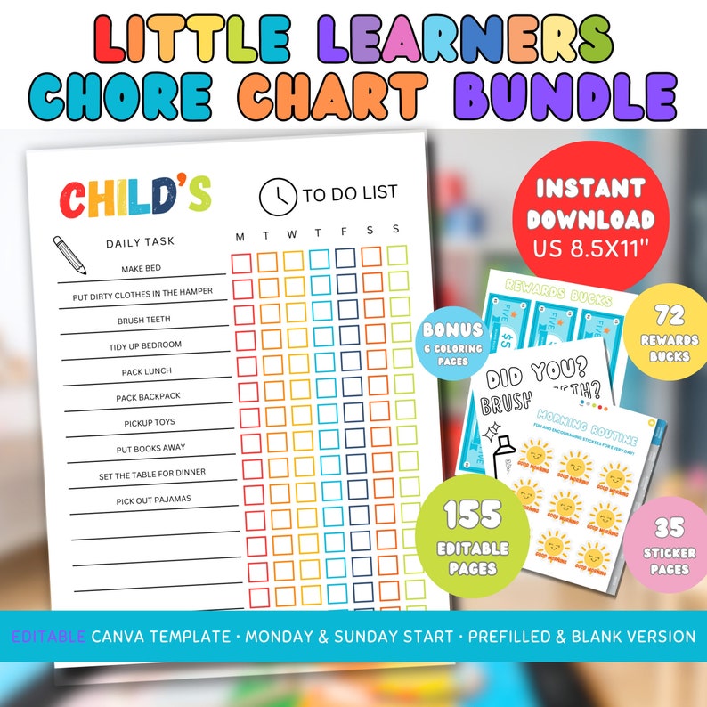 Kids Chore Chart, Customizable Ultimate Rewards System Bundle, Bonus ...