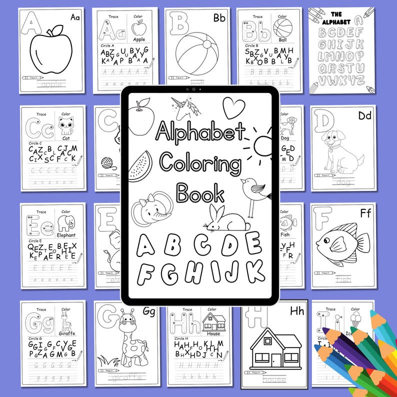 Kid Alphabet Coloring Book Printable ABC Coloring Page Set Toddler ...