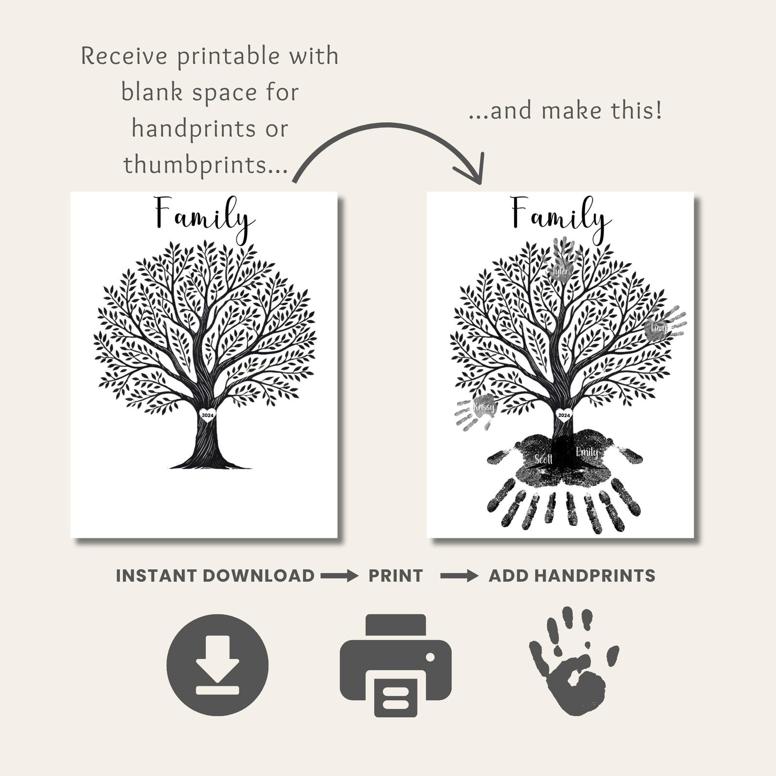 Family Tree Handprint Art Printable Thumbprint Craft Printable DIY Gift ...