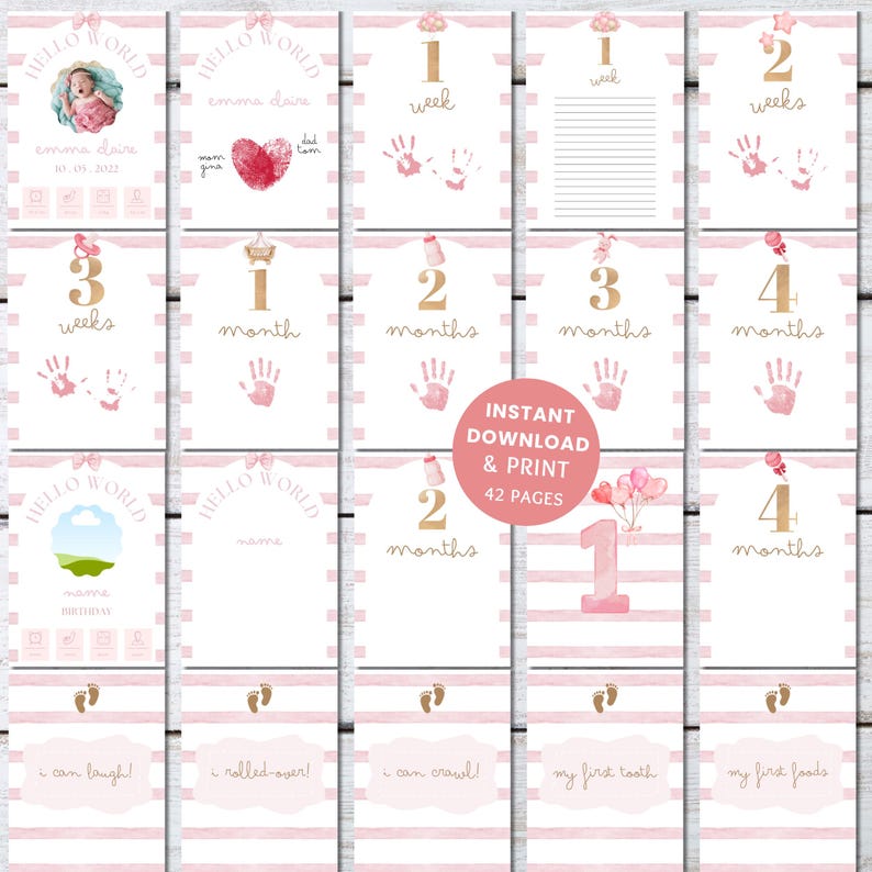 Baby Milestone Handprint Printable Cards Keepsake, Baby Girl Milestone ...