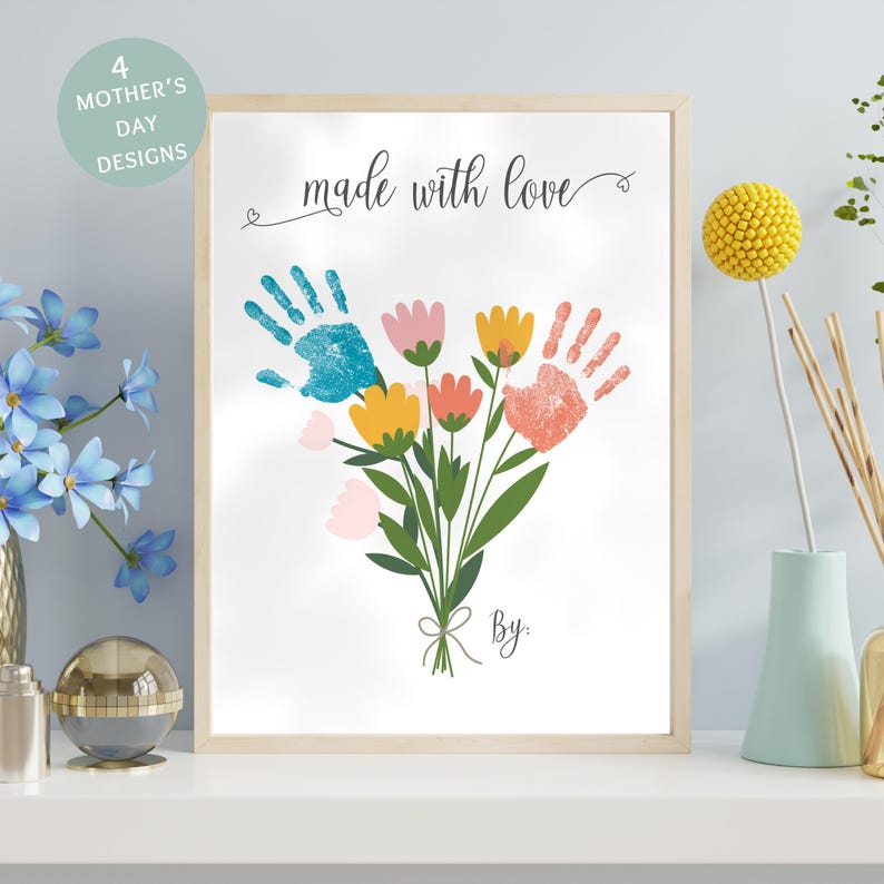 Handprint Art Printable Flower Bouquet Mothers Day Gift DIY Craft Mom ...