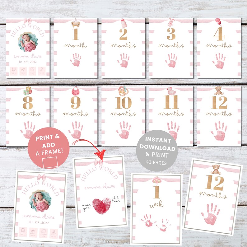 Baby Milestone Handprint Printable Cards Keepsake, Baby Girl Milestone ...