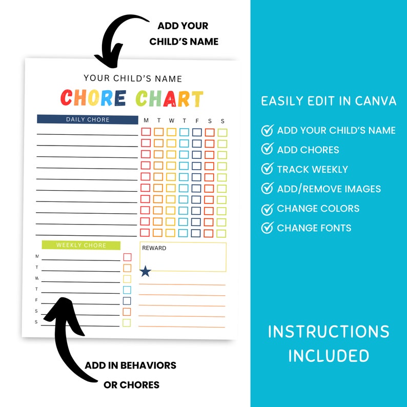 Kids Chore Chart, Customizable Ultimate Rewards System Bundle, Bonus ...