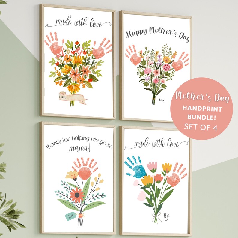 Handprint Art Printable Flower Bouquet Mothers Day Gift DIY Craft Mom ...
