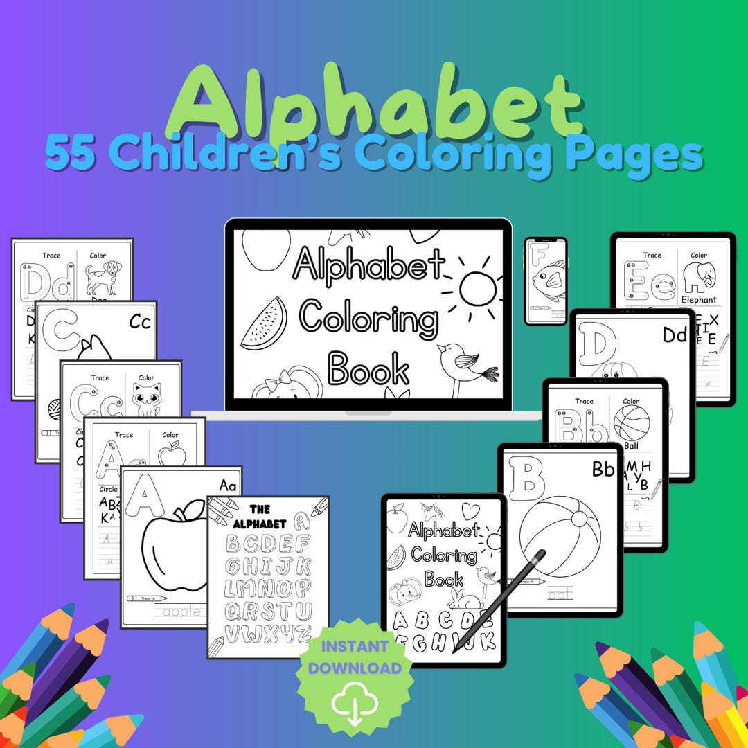 Kid Alphabet Coloring Book Printable ABC Coloring Page Set Toddler ...