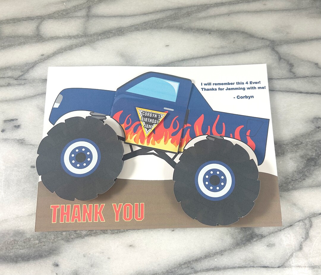 Monster Truck Thank You Card With Wobbling Wheels and Child's Photo ...