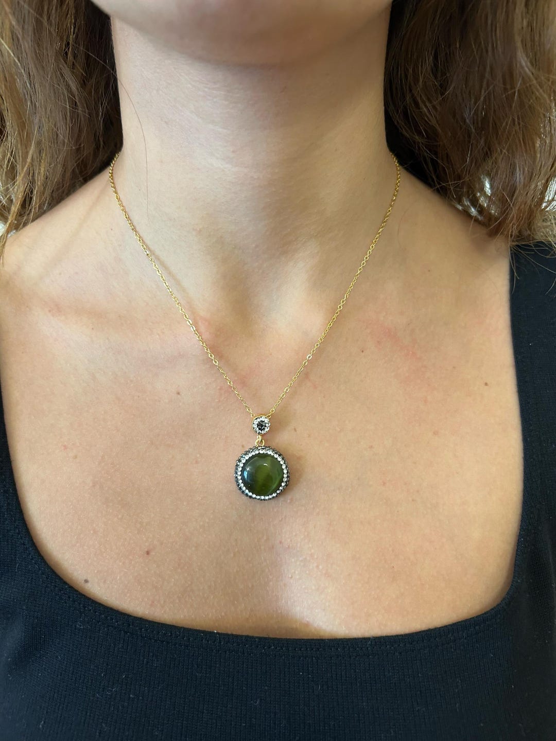 Cat's Eye Necklace , Cat Themed Necklace , Green Necklace , Gold Plated ...