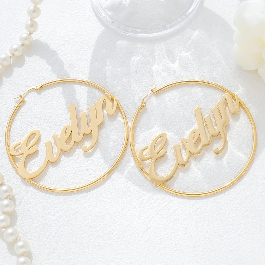 Custom Gold Name Hoop Earring, Big Hoops, Nameplate Earrings, Name ...