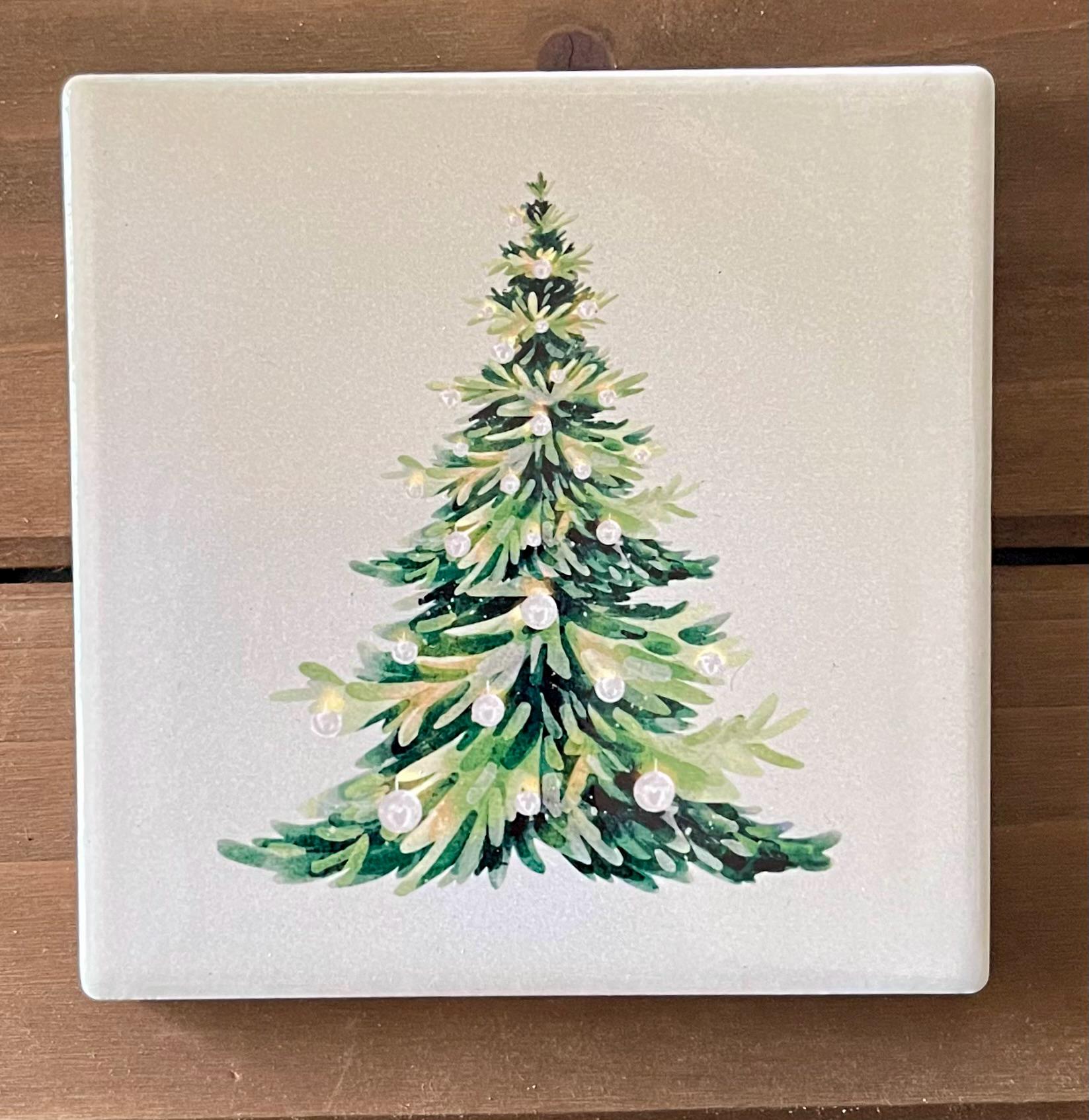 Set of 4 Ceramic Christmas Tree Coasters - Hand-painted Style Holiday ...