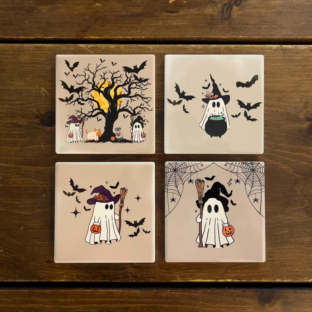Halloween Ghost Ceramic Coasters - Cute Witchy Ghosts, Spooky Decor ...