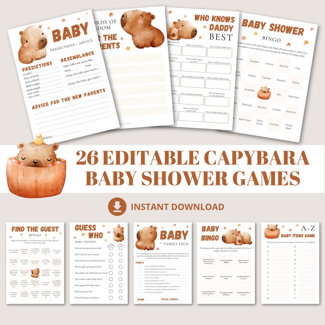 Capybara Baby Shower Games Bundle, Capy Shower Baby Shower Game Bundle ...