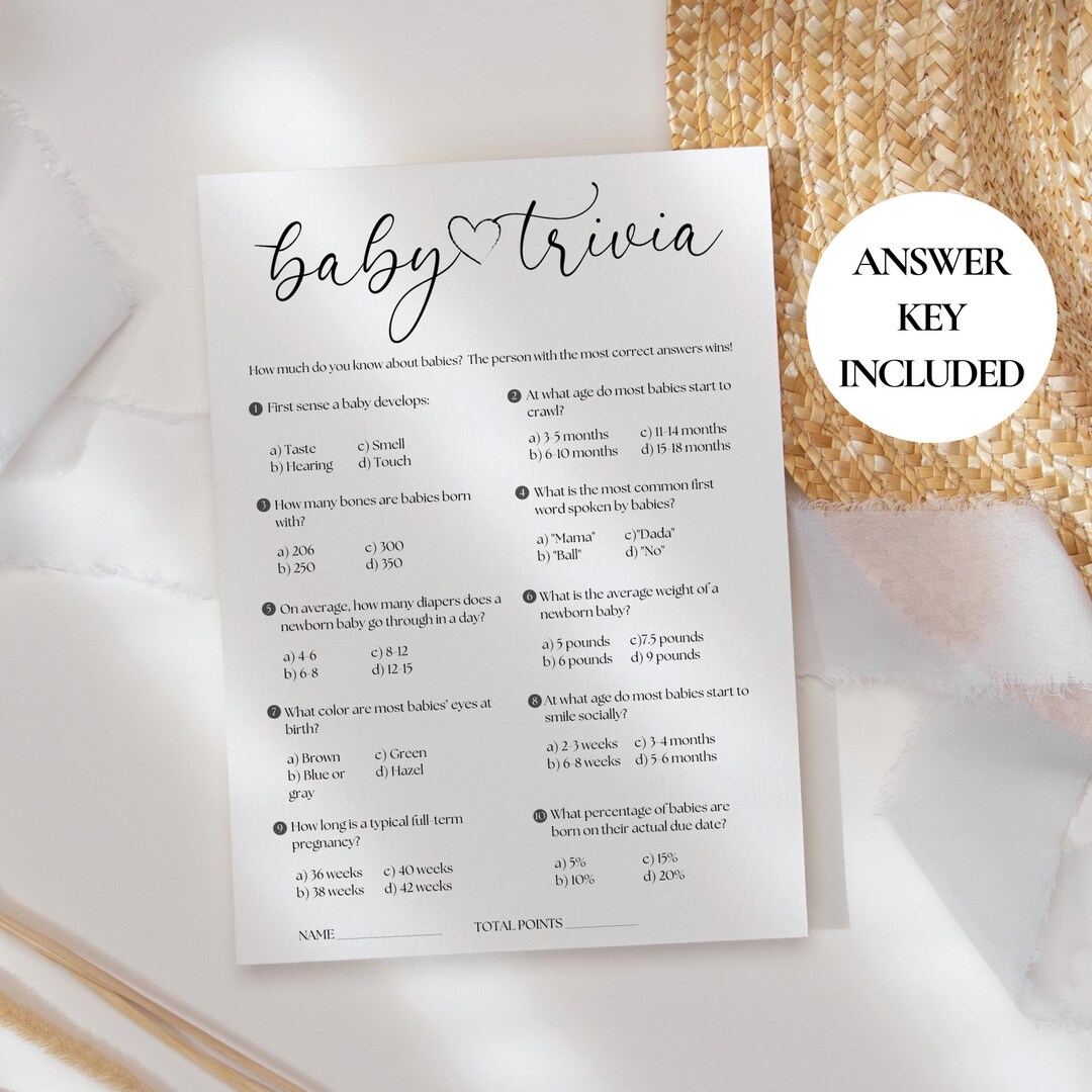 Minimalist Baby Shower Trivia Game Template: Printable Card (digital ...
