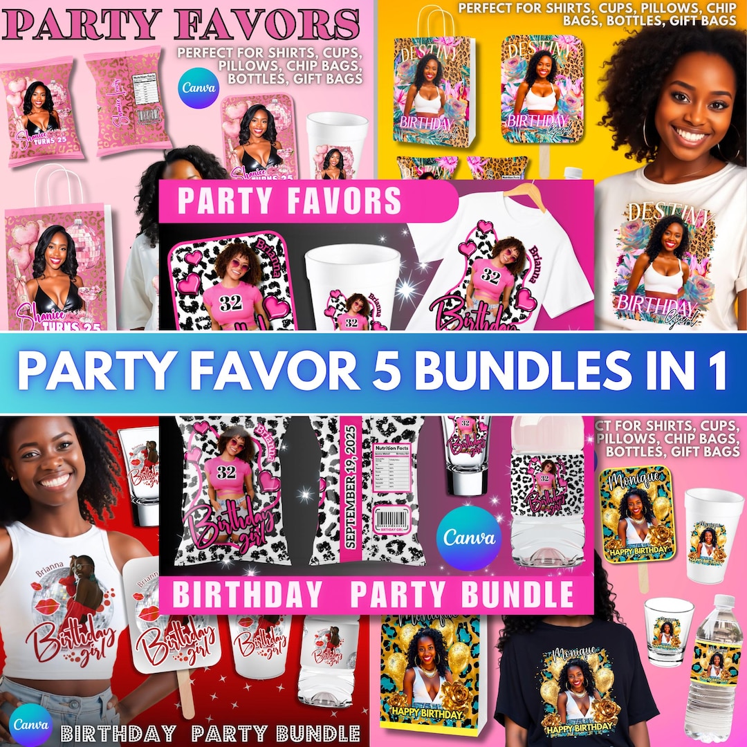 Birthday Party Favor Design Templates: 5-in-1 Canva Birthday Set ...