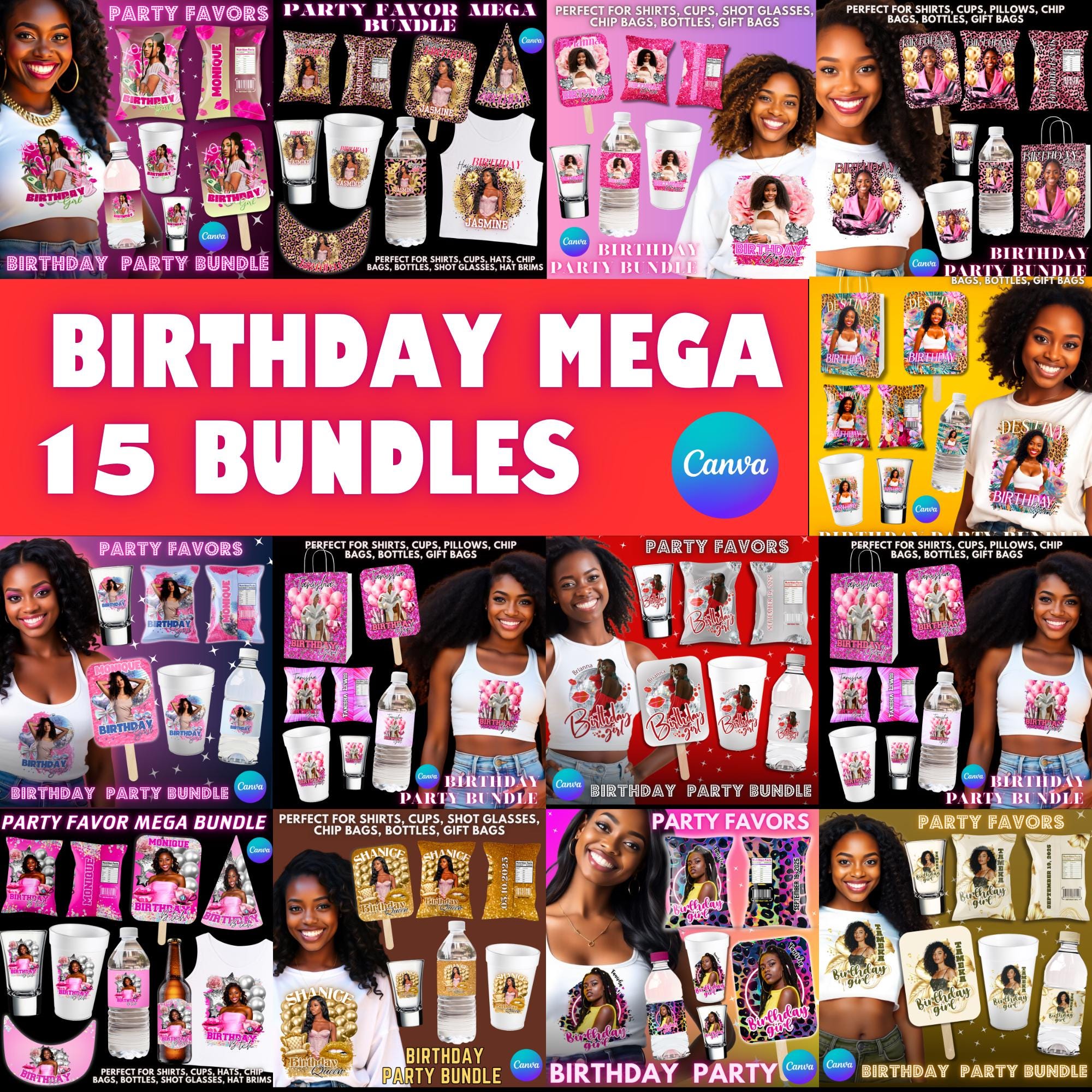 MEGA Birthday Design Template Bundle: Birthday Canva Party Favor Set ...