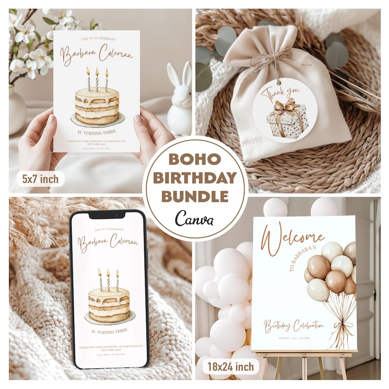 Boho Watercolor Birthday Invitation Bundle: Editable Canva Template ...