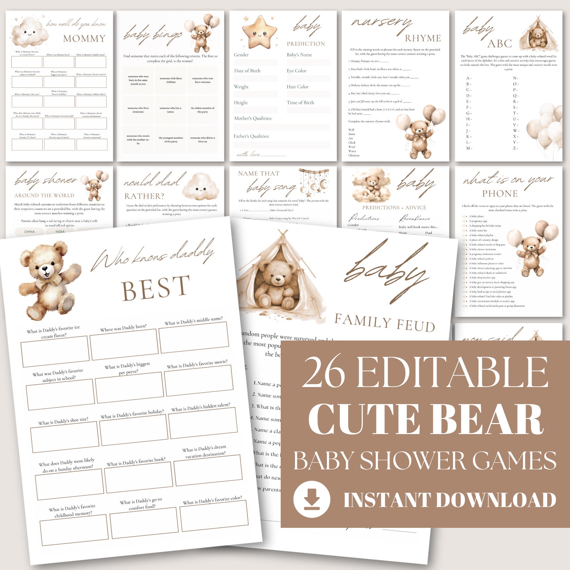 Editable Teddy Bear Baby Shower Games Bundle (digital Download) - Etsy