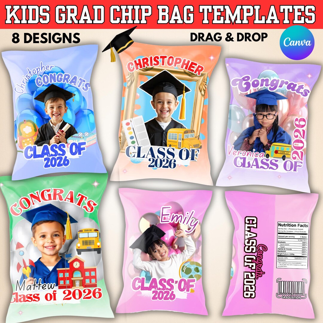 Kids Graduation Chip Bag Canva Templates: Pre-k, Elementary Party Favor ...