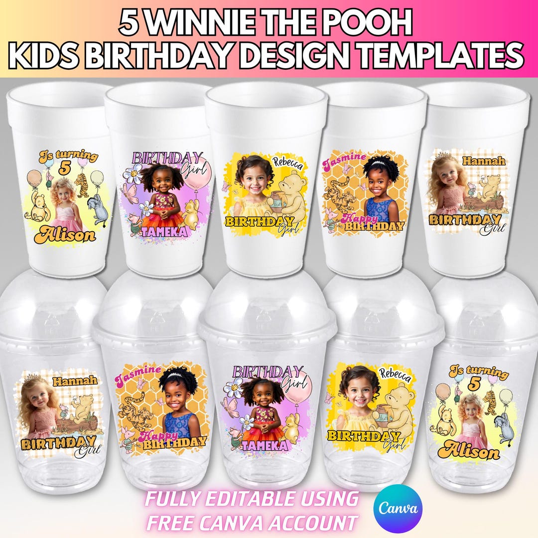 Winnie the Pooh Birthday Cup Sticker Templates: Canva Party Designs ...
