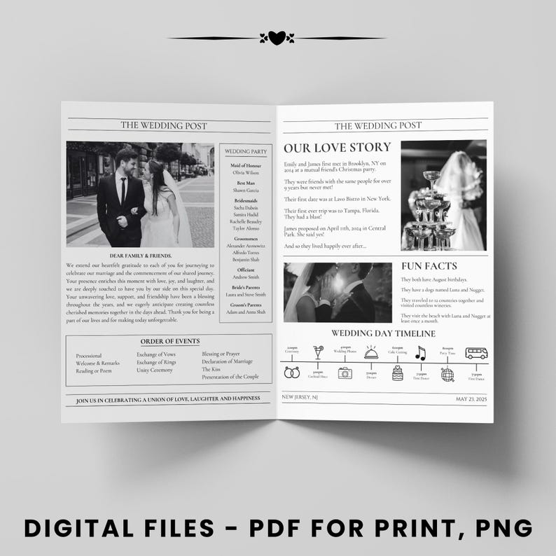 Custom Hand Drawn Folded Wedding Newspaper Program Design, Personalized ...