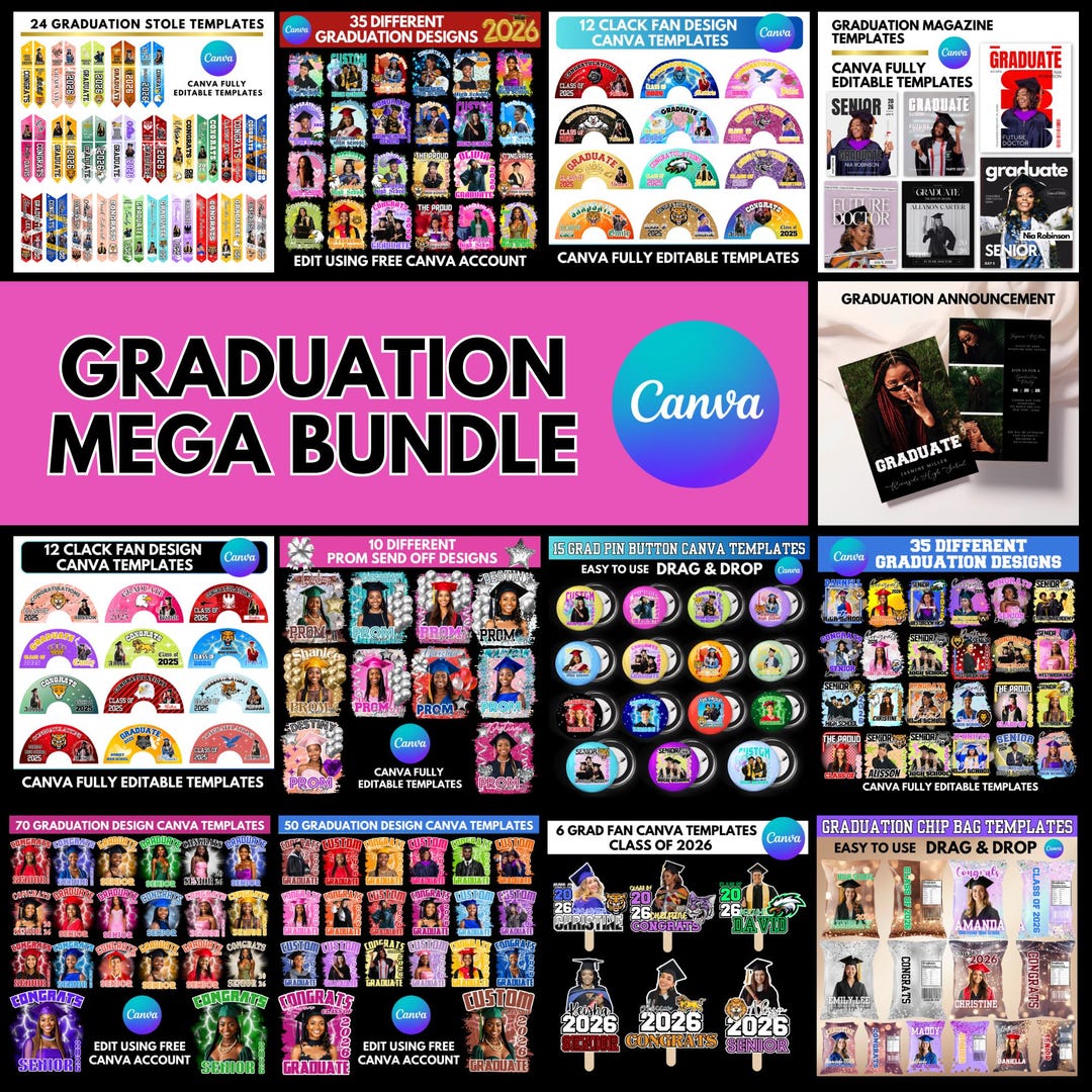 2026 Graduation Mega Bundle Canva Templates: Grad T-shirt, Stole, Fan ...