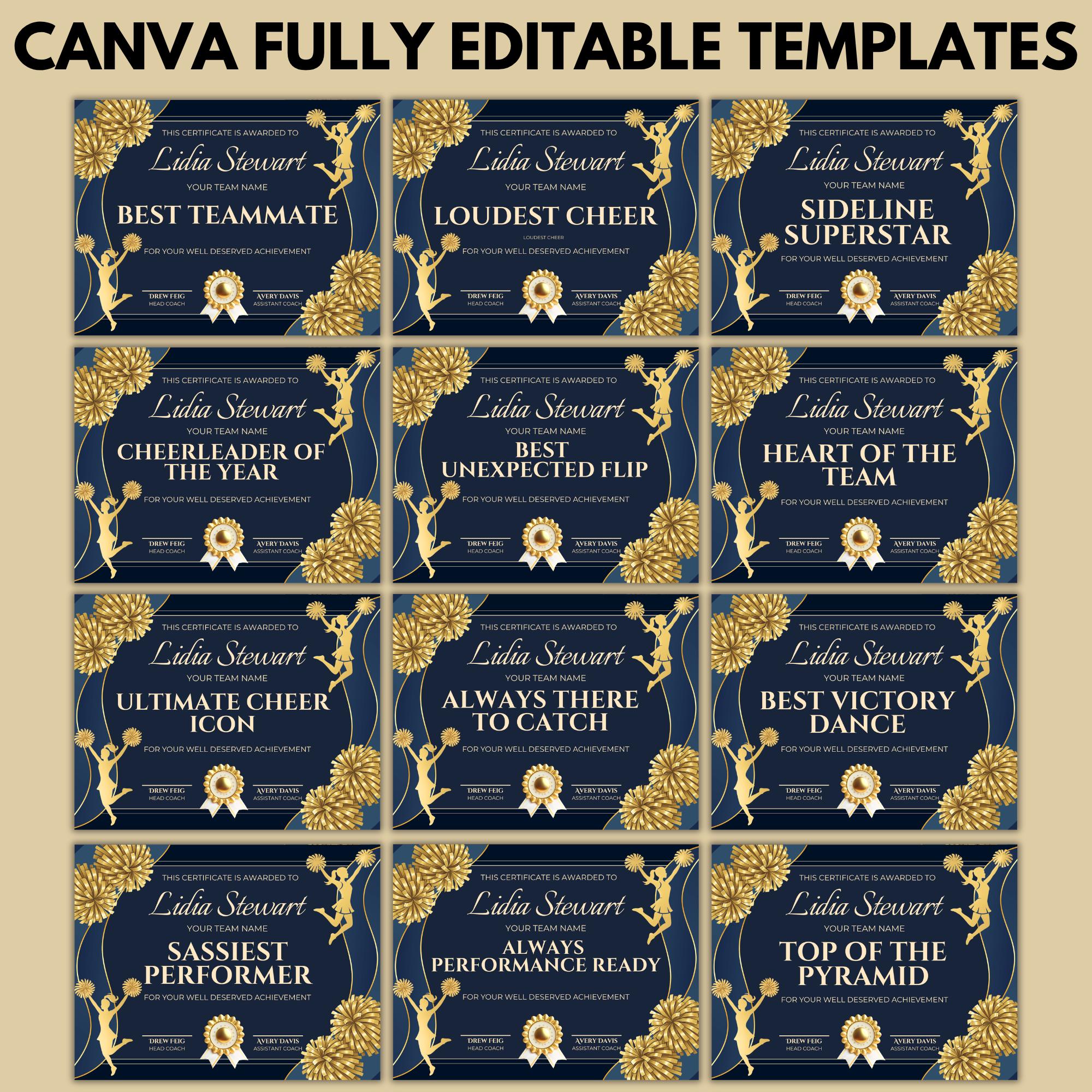 30 Cheerleading Certificates Template: Blue Cheerleader Awards Canva ...