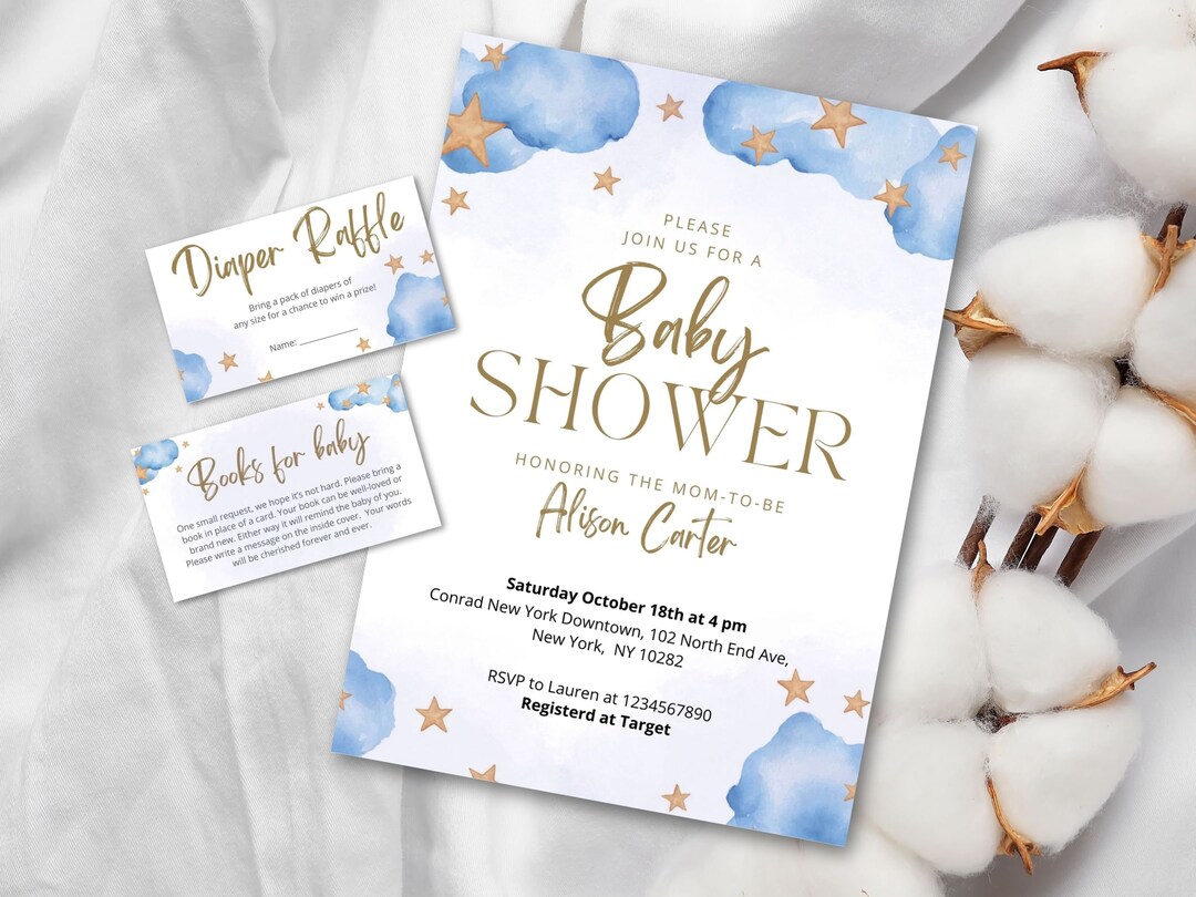 Editable Gender Neutral Stars and Clouds Baby Shower Invitation Set ...