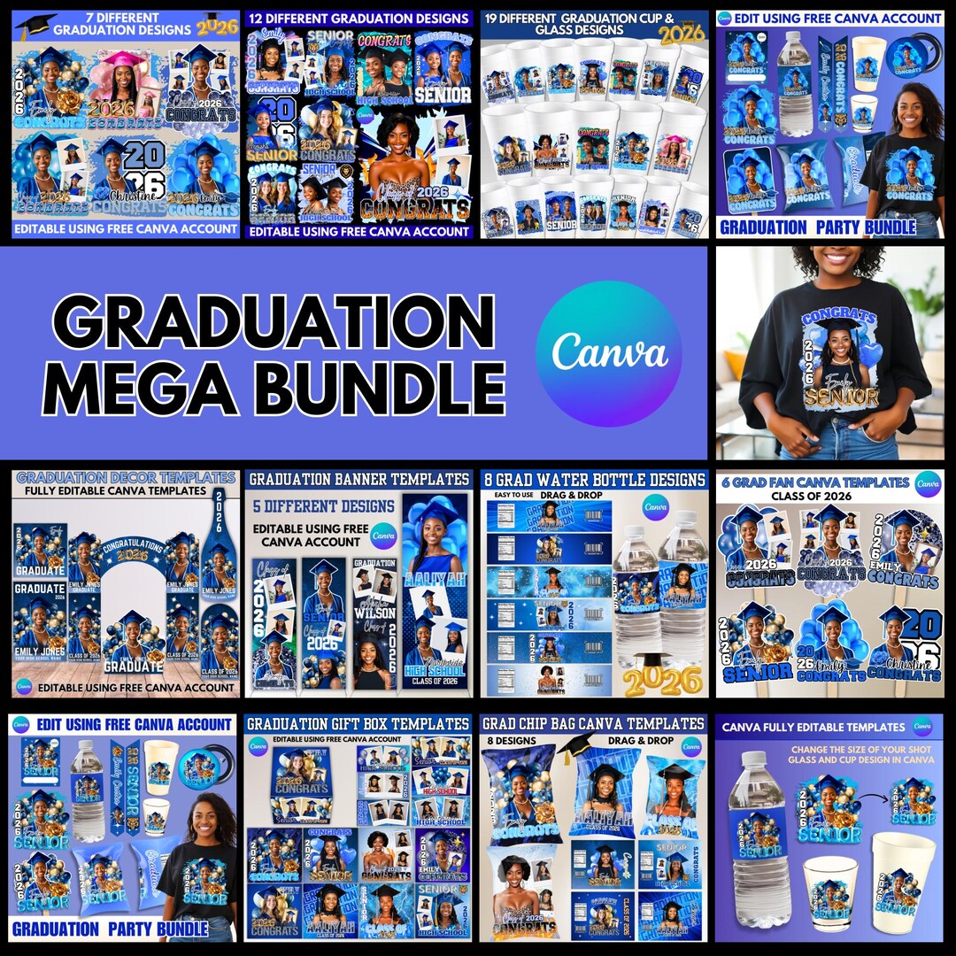 2026 Graduation Mega Bundle Blue Canva Templates: Grad T-shirt, Stole ...