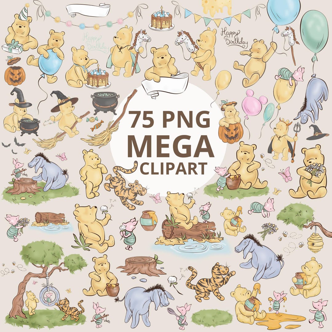 Winnie the Pooh Clipart Bundle: Classic Friends PNG, Instant Digital ...