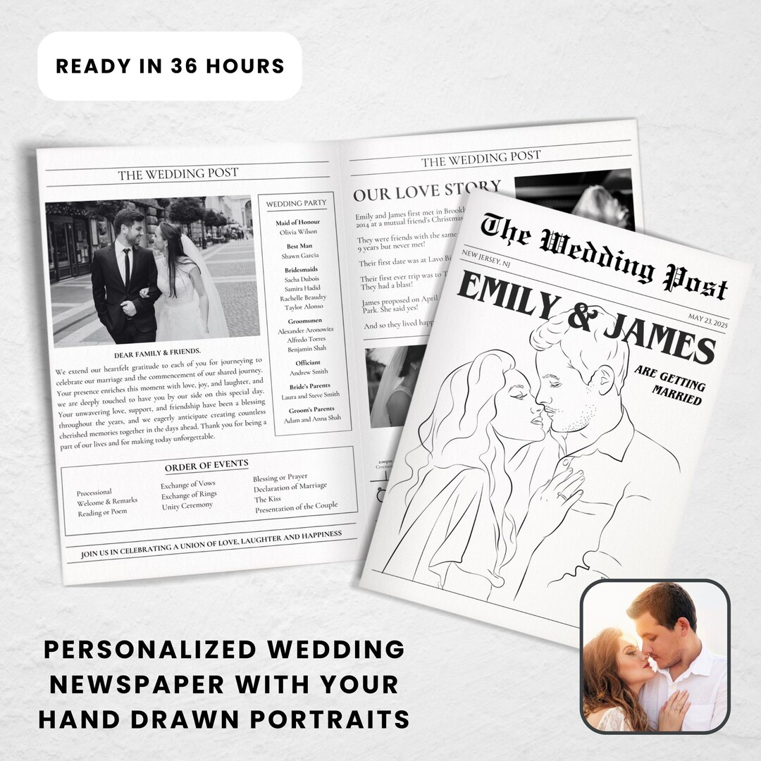 Custom Hand Drawn Folded Wedding Newspaper Program Design, Personalized ...