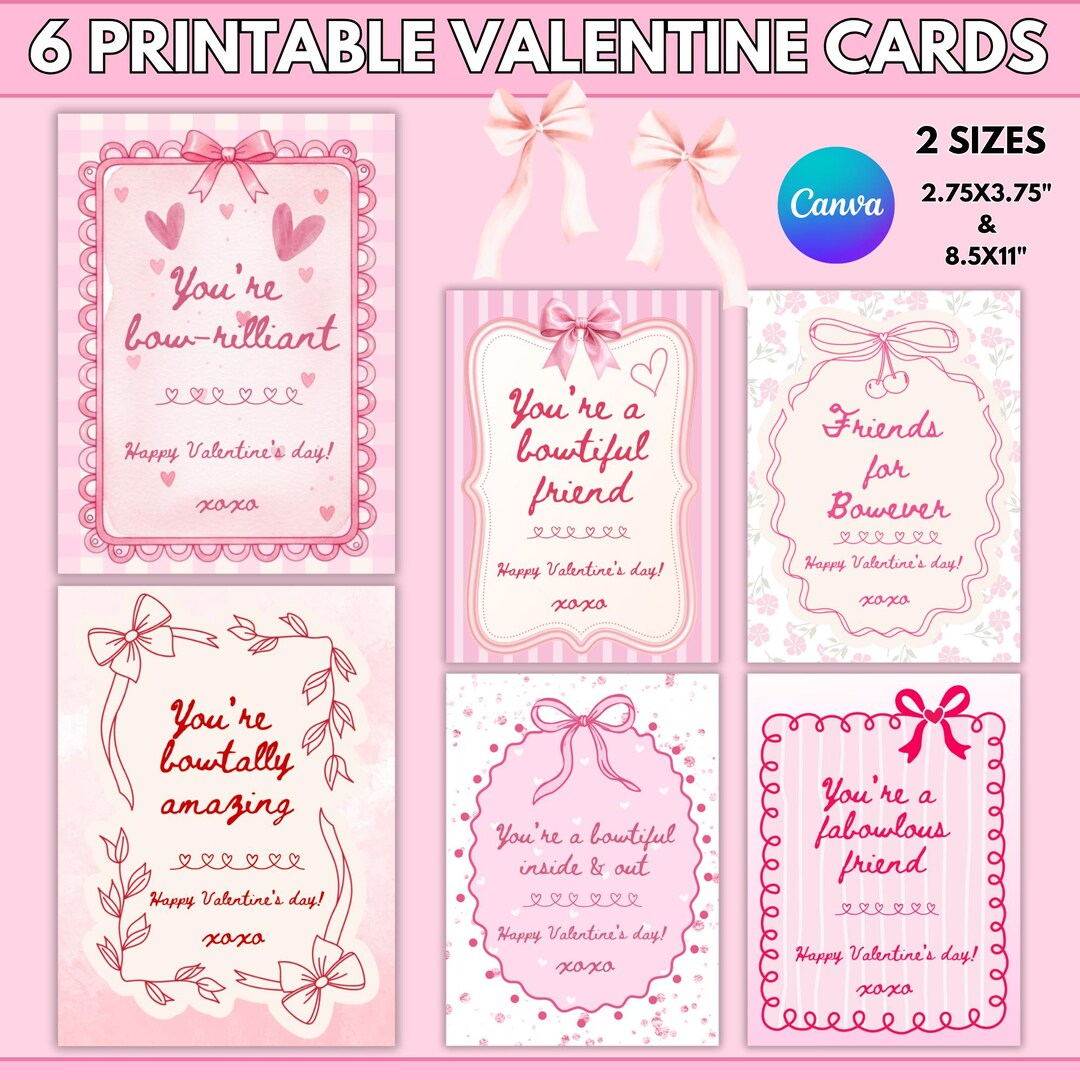 Pink Coquette Bow Valentine Cards Template: Printable Editable ...