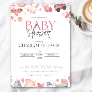 EDITABLE Boho Pink Baby Shower Invitation Template, Cute Toys ...