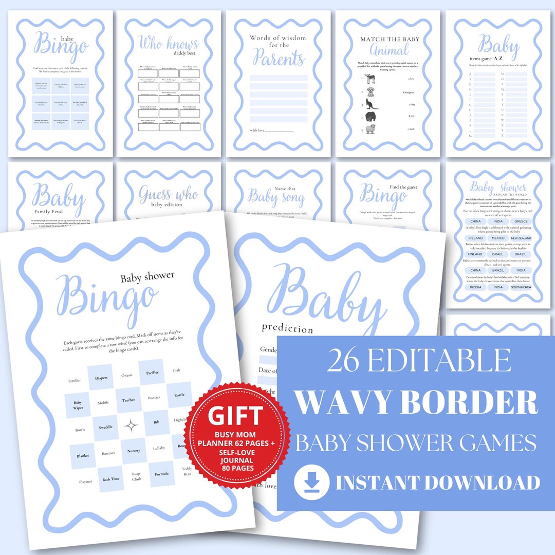 Wavy Blue Boy Baby Shower Games Bundle (digital Game Template) - Etsy