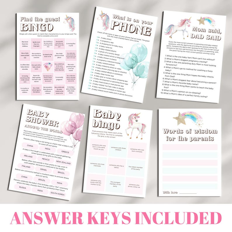 Unicorn Baby Shower Game Bundle: Pastel Rainbow, 26 Editable Games ...