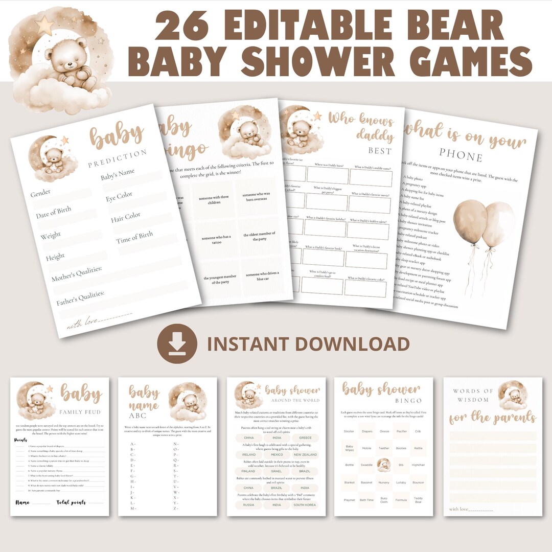 Editable Cute Boho Bear Baby Shower Games Bundle, We Can Bearly Wait ...