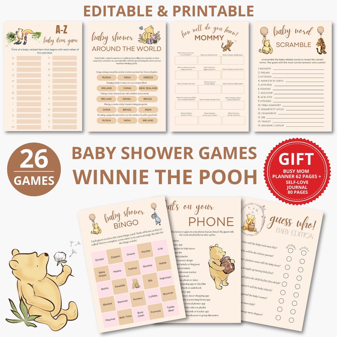 Winnie the Pooh Baby Shower Games Bundle, Classic Winnie the Pooh Bingo ...