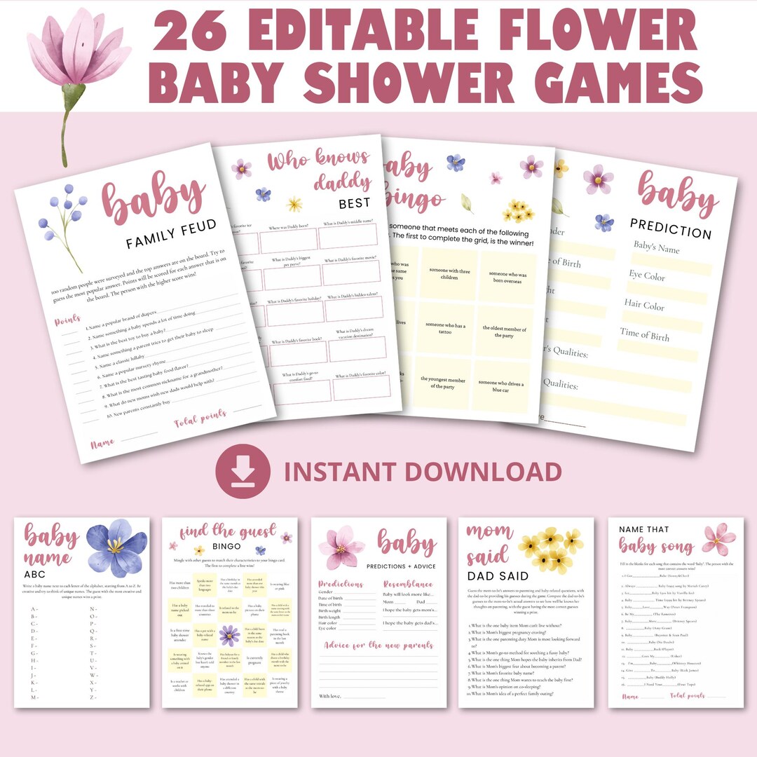 Baby in Bloom Baby Shower Game Bundle, Wild Flower Baby Shower Game Set ...