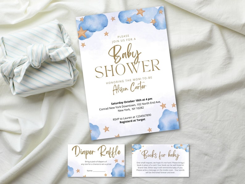 Editable Gender Neutral Stars and Clouds Baby Shower Invitation Set ...