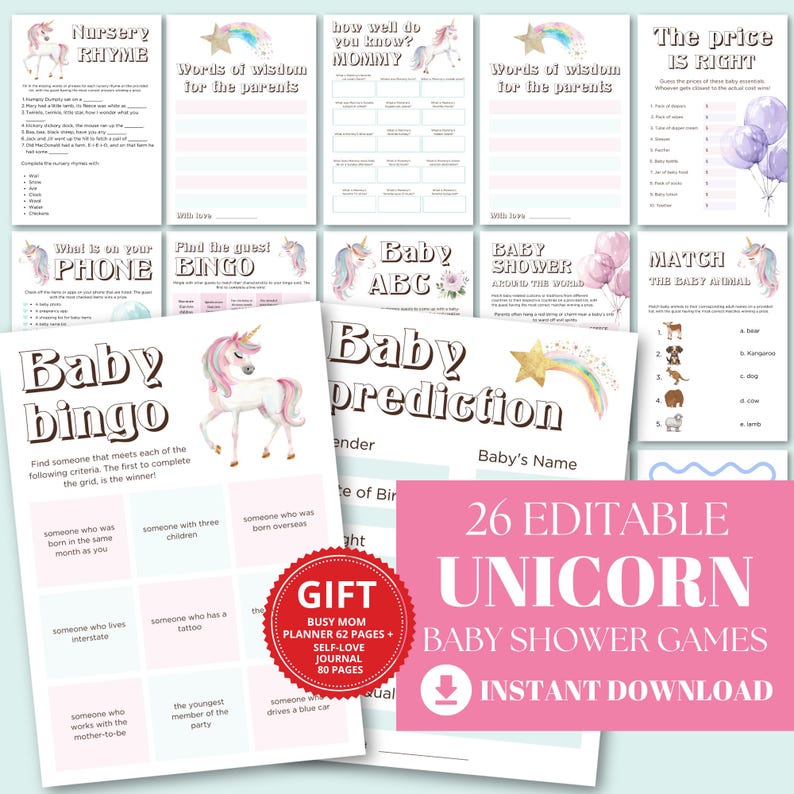 Unicorn Baby Shower Game Bundle: Pastel Rainbow, 26 Editable Games ...