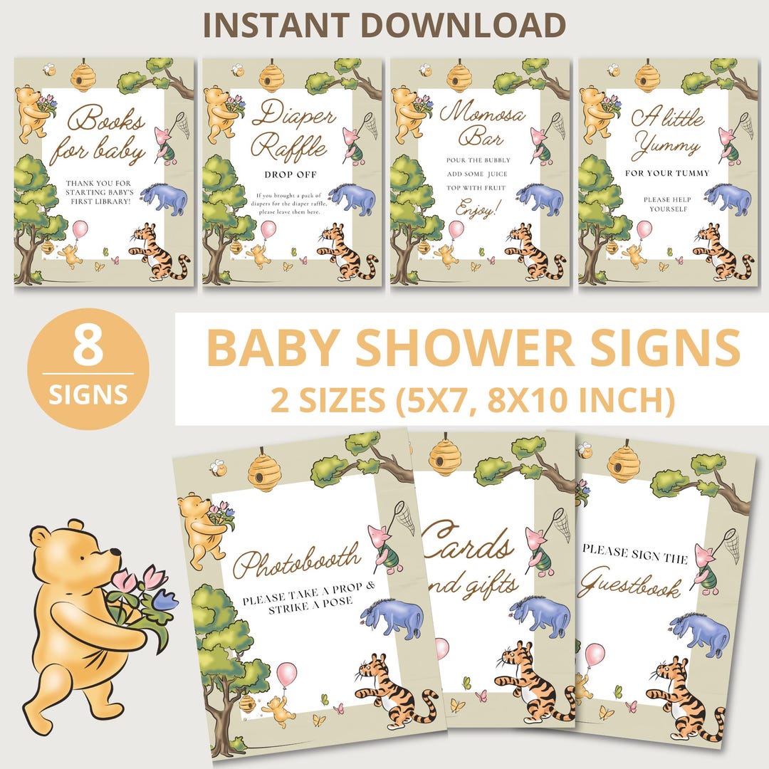 Classic Winnie the Pooh Baby Shower Signs Decorations, Baby Shower Decor Sign Template Bundle ...