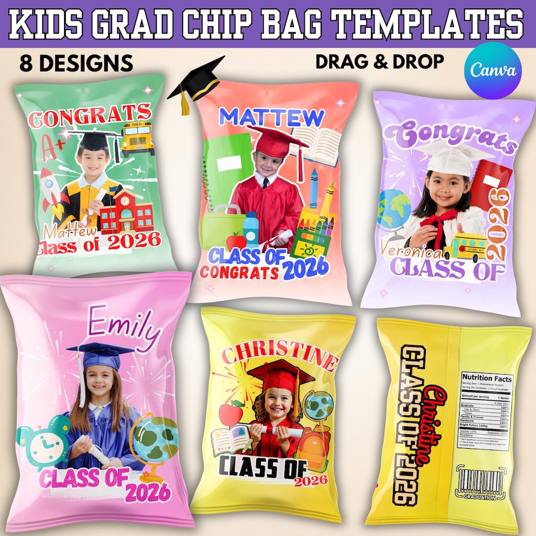 Kids Graduation Chip Bag Canva Editable Templates Bundle: Pre-k School ...