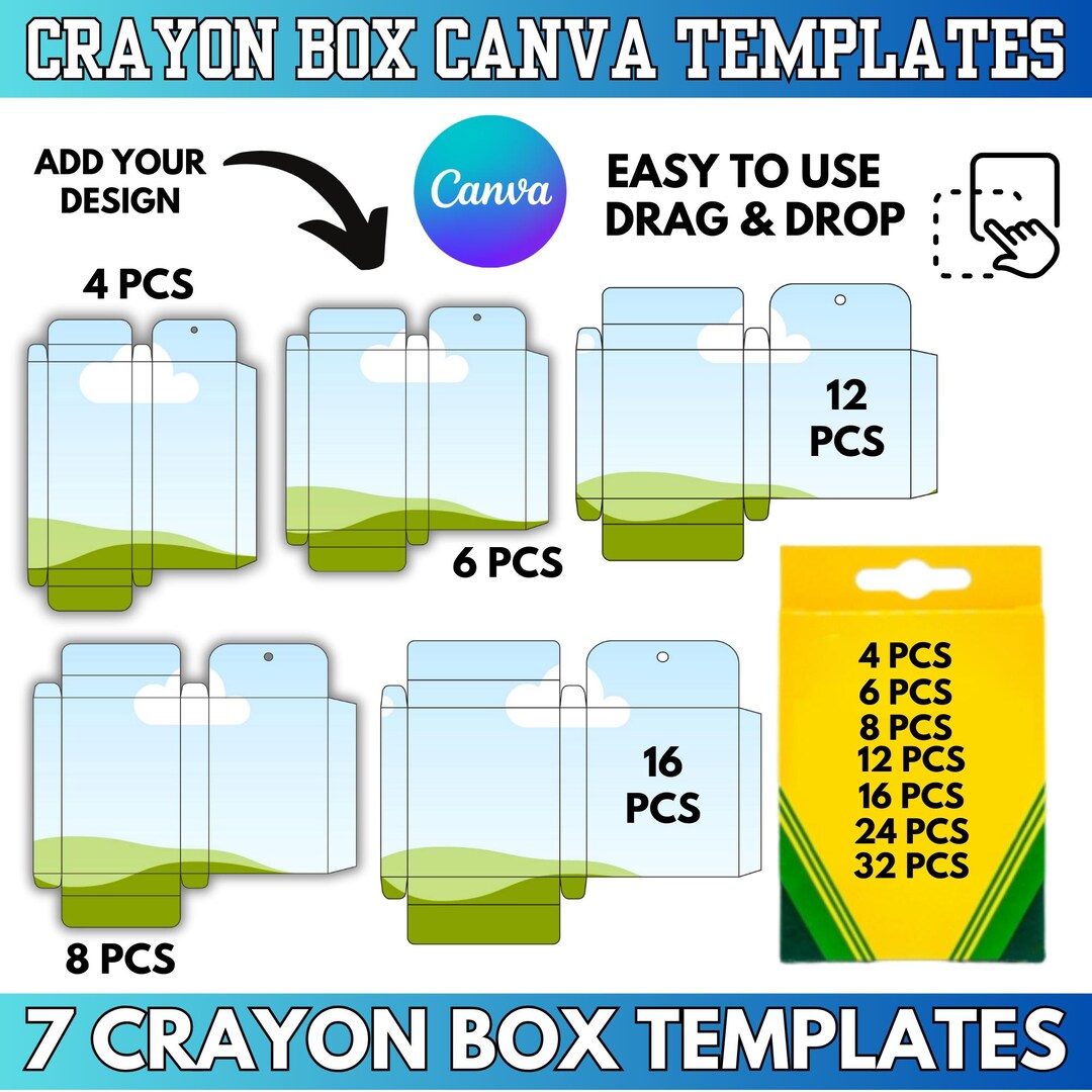 7 Crayon Box Templates: Party Favor Box, Wax Color Pen Canva Editable ...